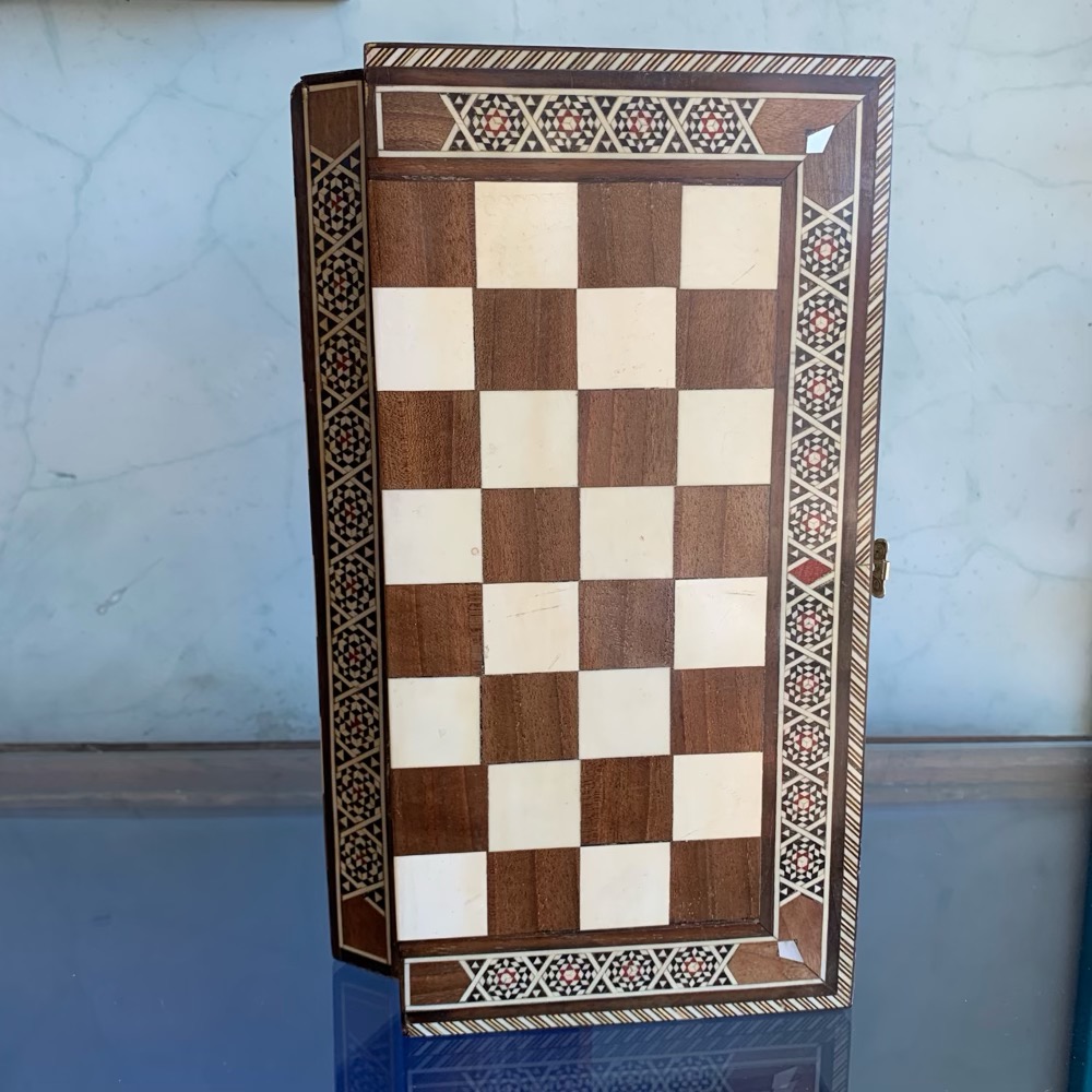 Damascus ware inlaid games box, & chess set, mid 20th century ...