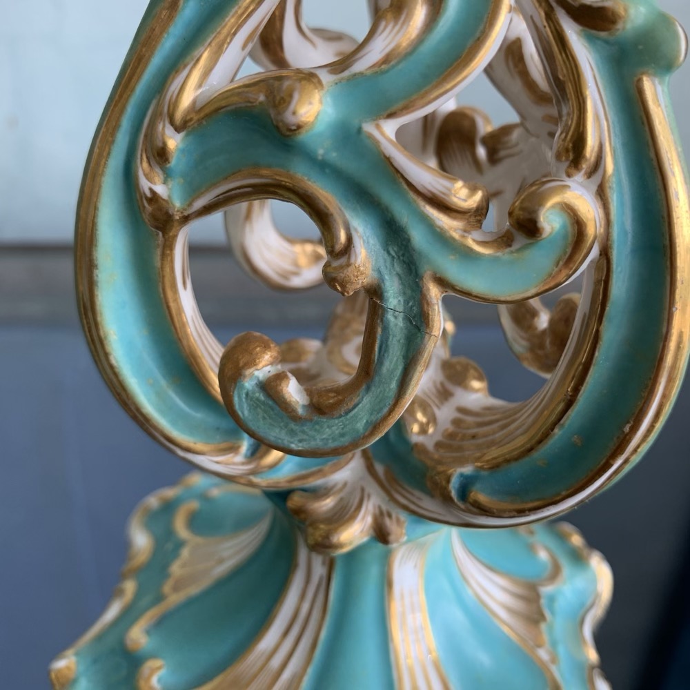 Pair of elaborate Rococo candlesticks, turquoise & gold, attr. Minton c ...