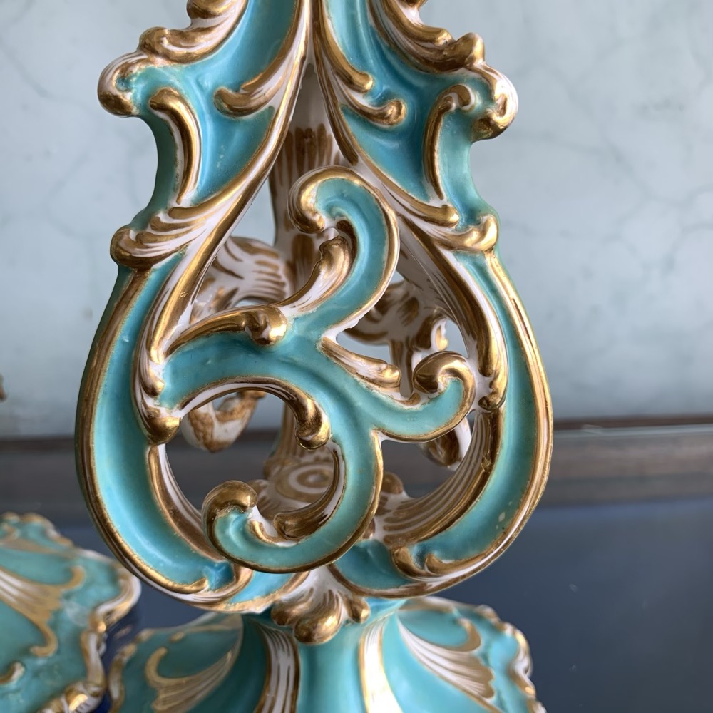 Pair of elaborate Rococo candlesticks, turquoise & gold, attr. Minton c ...