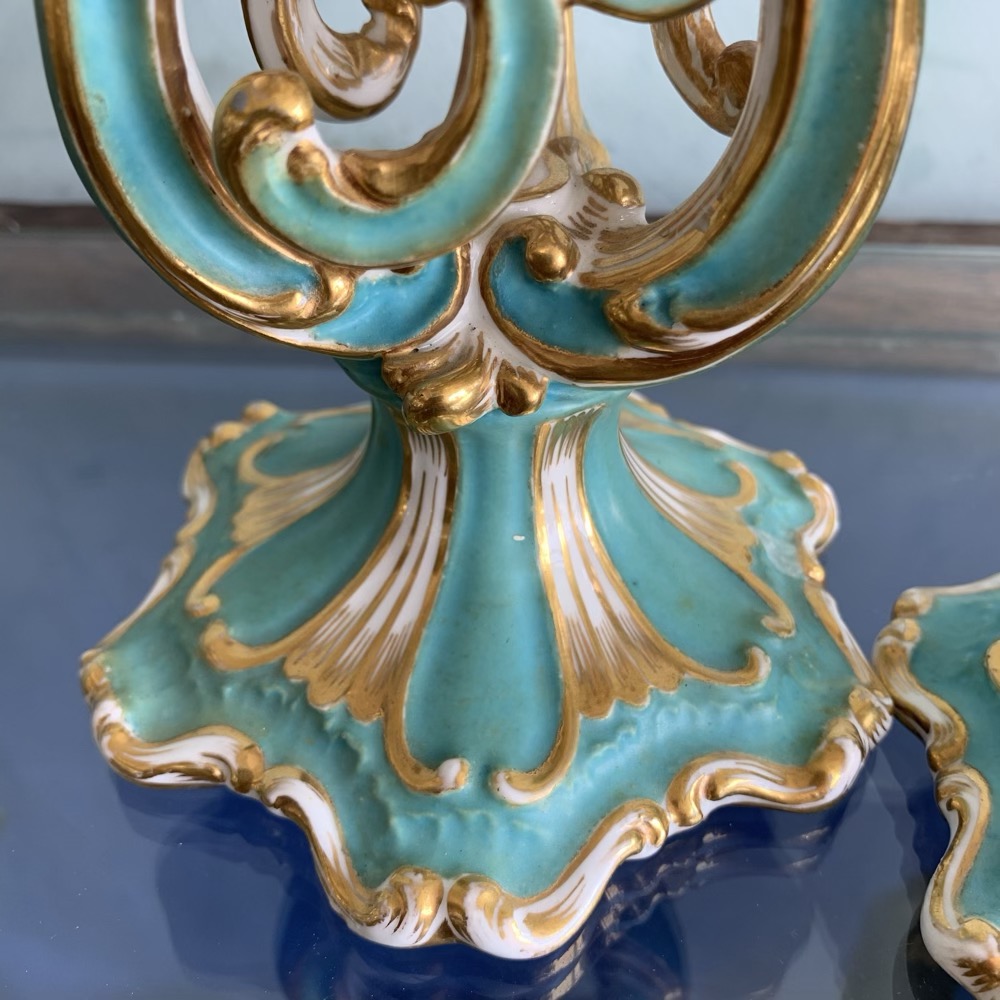 Pair of elaborate Rococo candlesticks, turquoise & gold, attr. Minton c ...