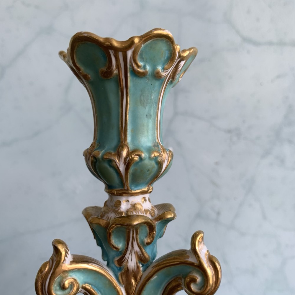 Pair of elaborate Rococo candlesticks, turquoise & gold, attr. Minton c ...