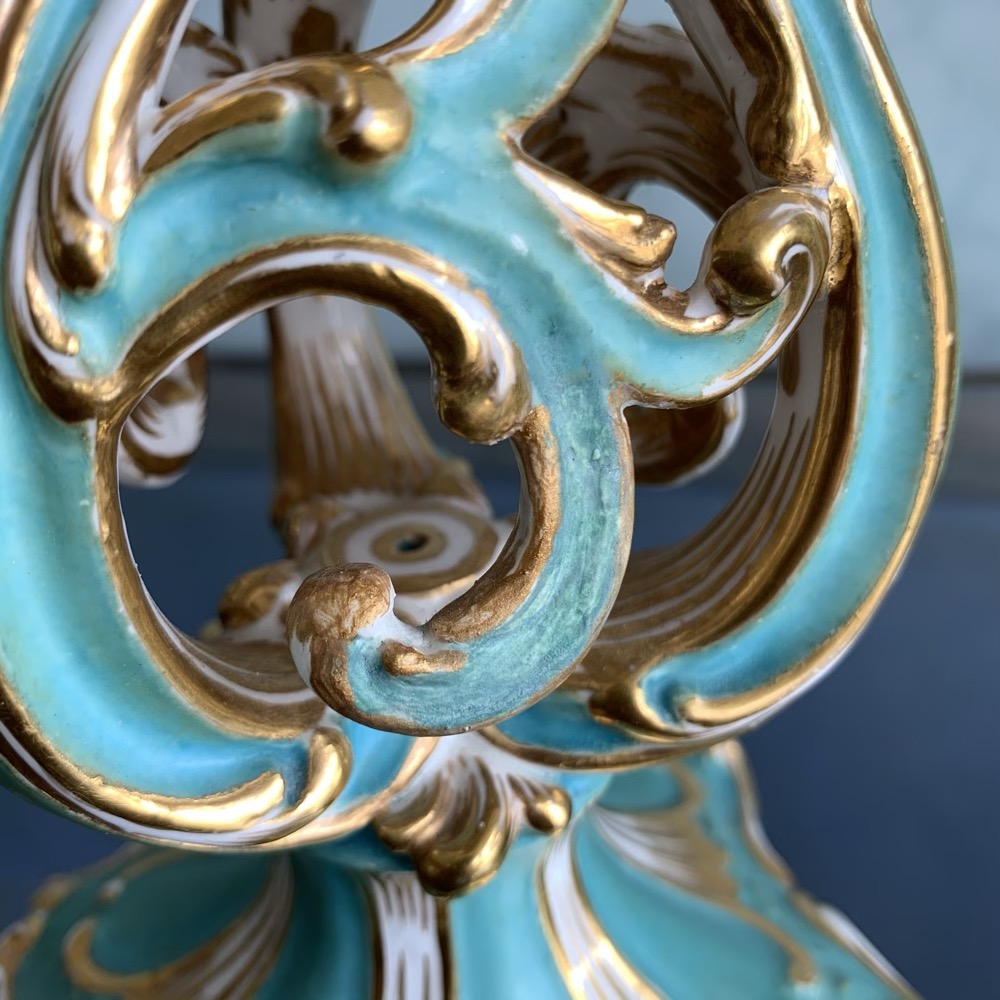 Pair of elaborate Rococo candlesticks, turquoise & gold, attr. Minton c ...