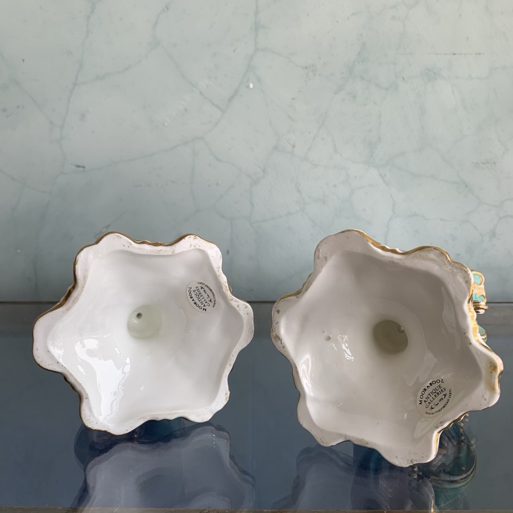 Pair of elaborate Rococo candlesticks, turquoise & gold, attr. Minton c ...