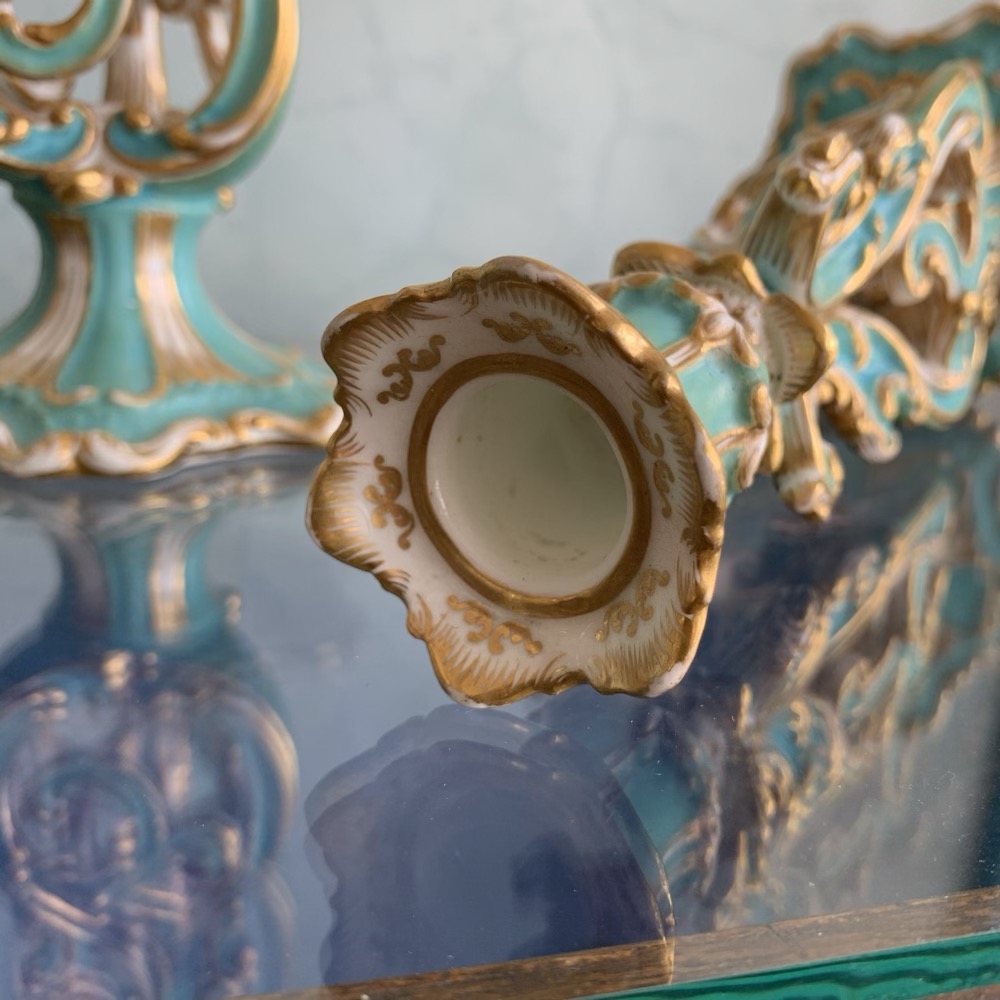 Pair of elaborate Rococo candlesticks, turquoise & gold, attr. Minton c ...