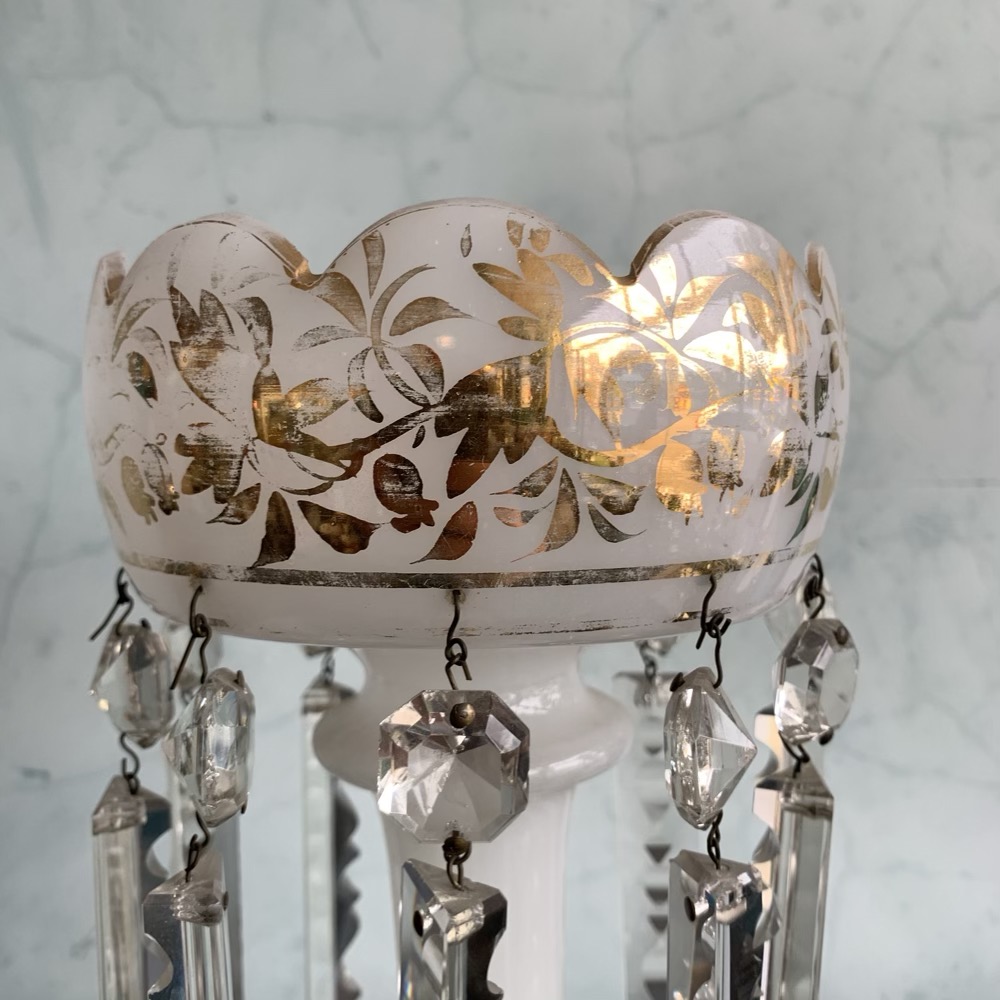 Victorian glass lustre, opaque white with gilt vine band, c. 1890 ...