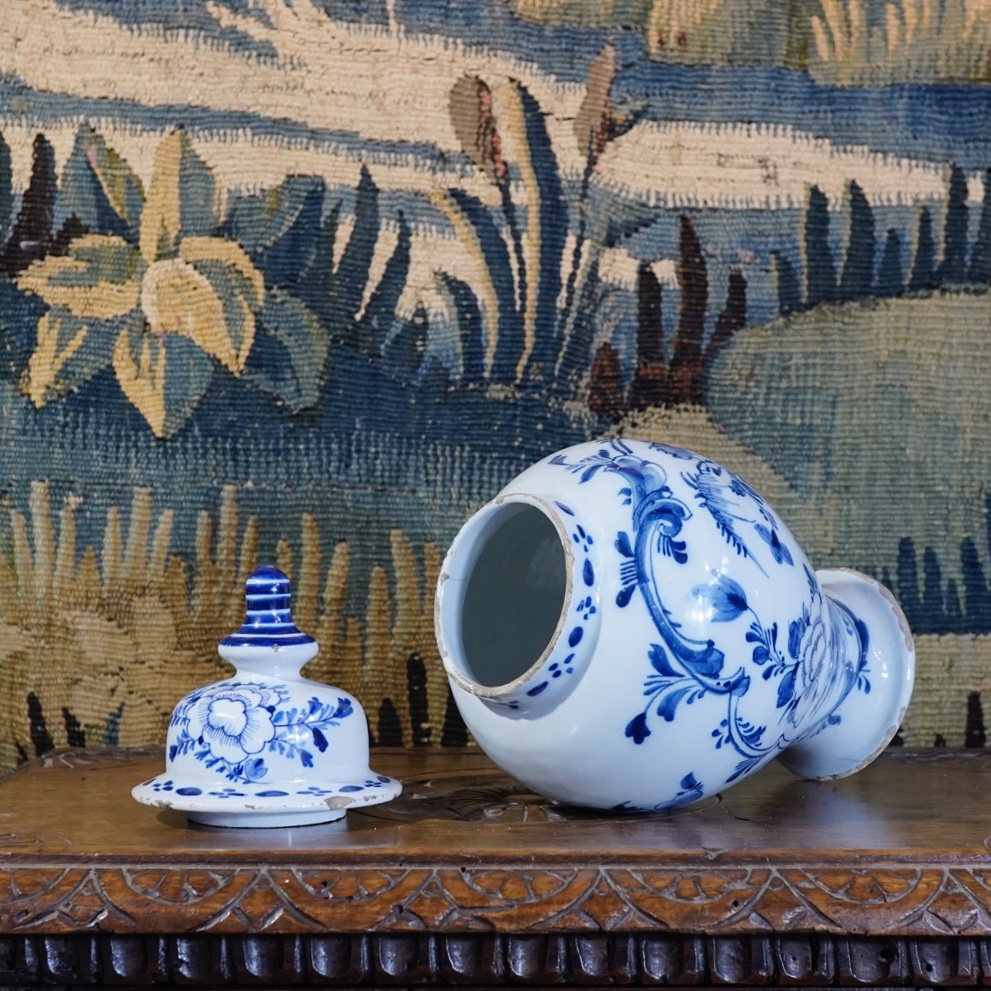 Dutch Delft baluster vase & lid, Rococo Chinoiserie garden, c. 1750 ...
