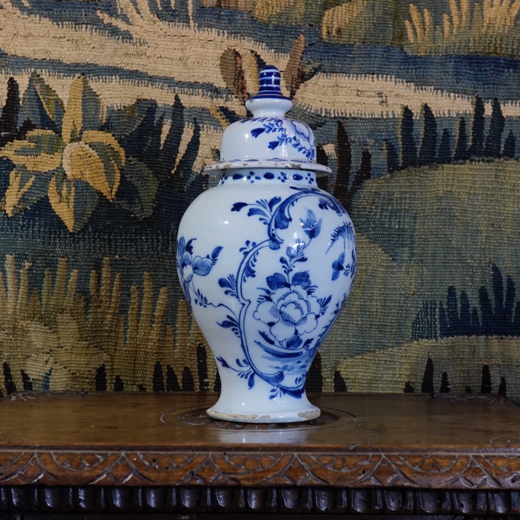 Dutch Delft baluster vase & lid, Rococo Chinoiserie garden, c. 1750 ...