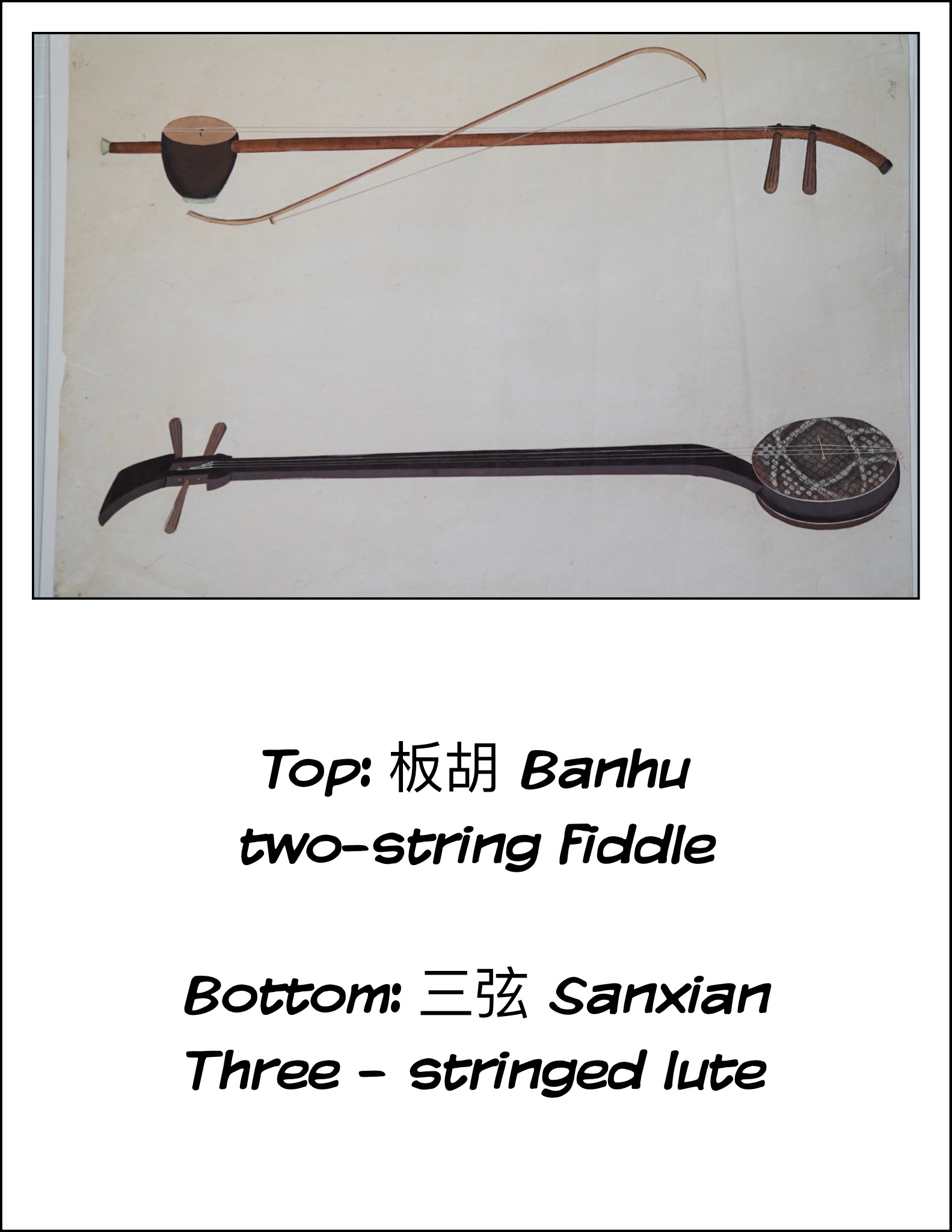 Chinese Export watercolour painting of musical instruments, Banhu ...