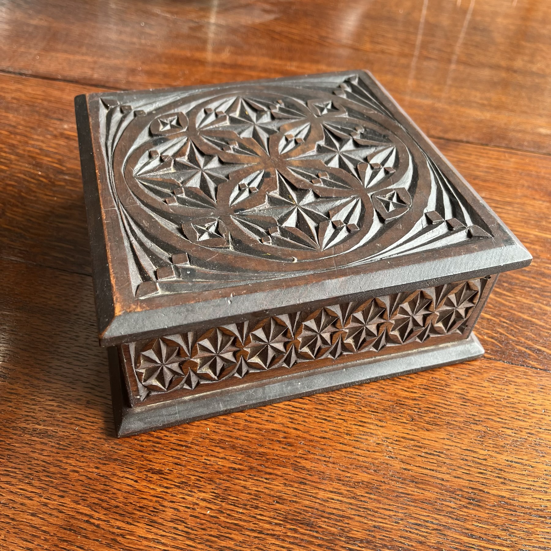 Victorian Chip carved square box, C. 1890 – Moorabool Antique Galleries