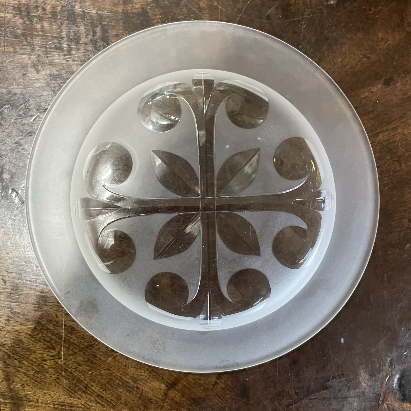 Victorian frosted glass plate, foliate cross engraving, c. 1880 ...