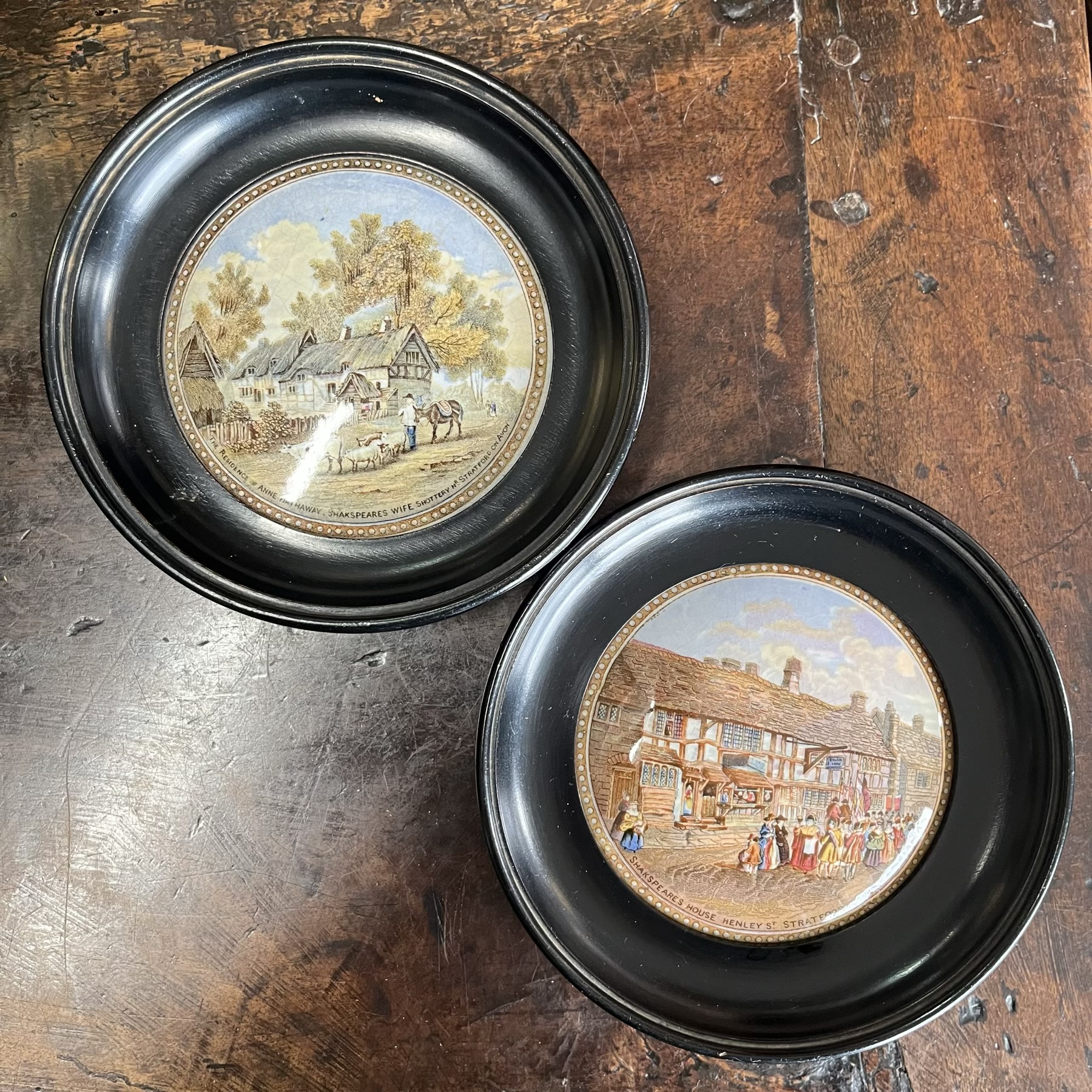 Pair of Pratt pot lids, ‘Shakespeare’s House’ & ‘Anne Hathaway’s House ...