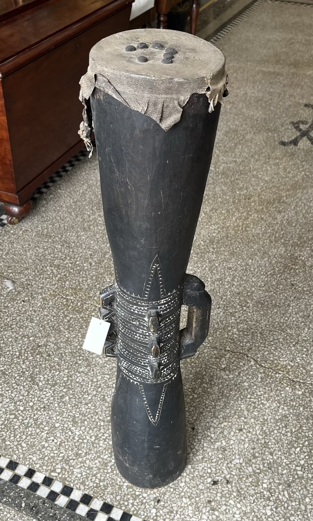 Large Trobiand Islands drum, lizard skin top, lime decorated, 20th c ...